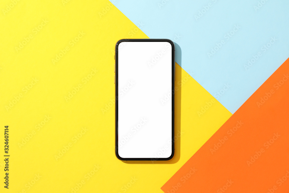 Phone with empty screen on multicolored background, top view Stock ...