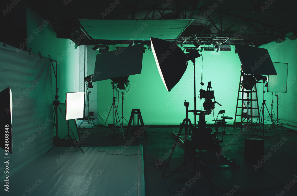 Shooting studio set with professional equipment and green screen Stock ...