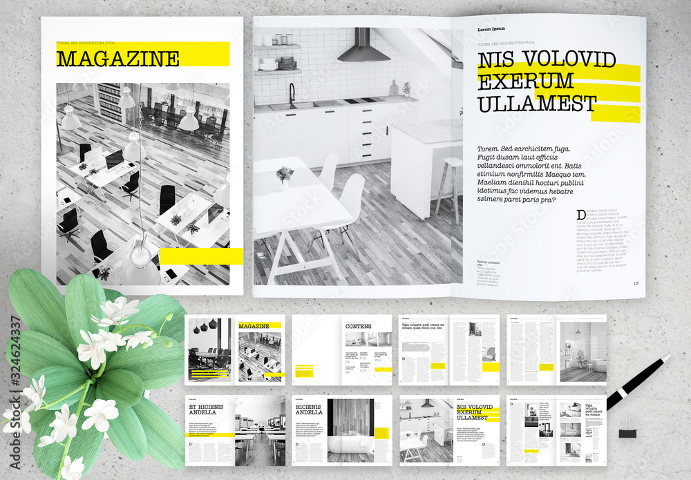 Magazine Layout with Yellow Accents Stock Template | Adobe Stock