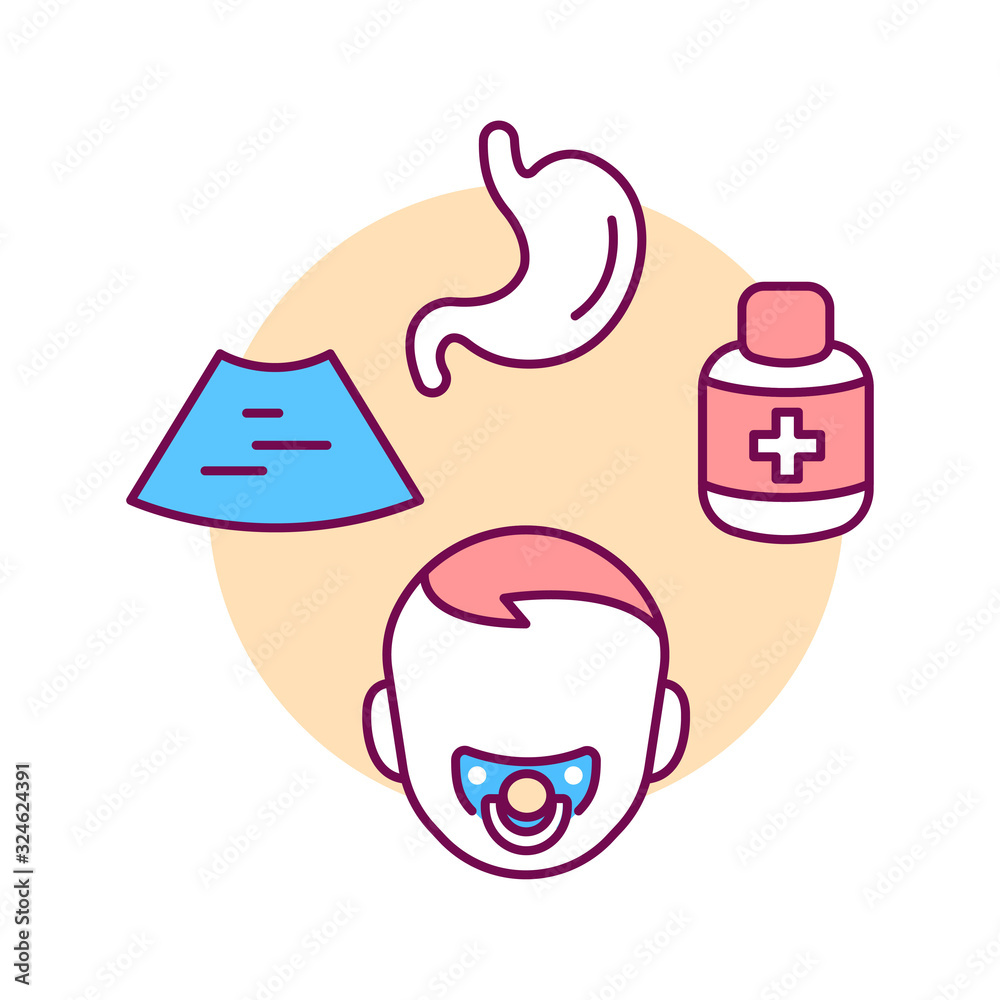 Pediatric gastroenterology color line icon. Check and treatment gastric ...