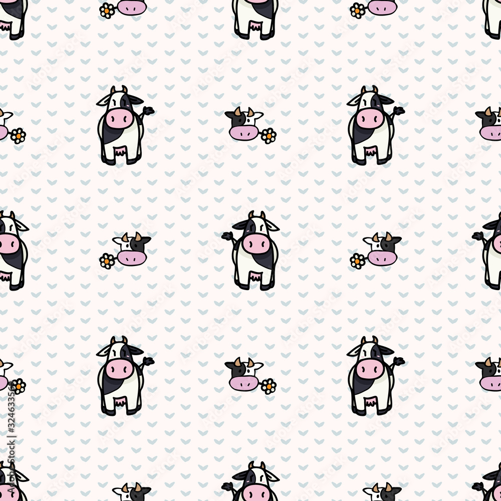 Hand drawn dairy cute cow with daisy carton seamless vector pattern ...