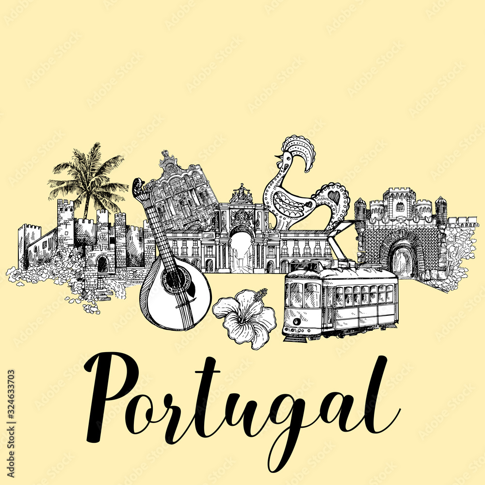 Poster card composition of hand drawn sketch style Portugal related ...