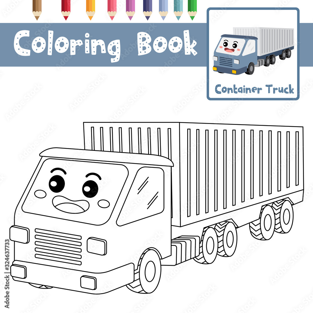 Coloring page Container Truck cartoon character perspective view vector ...