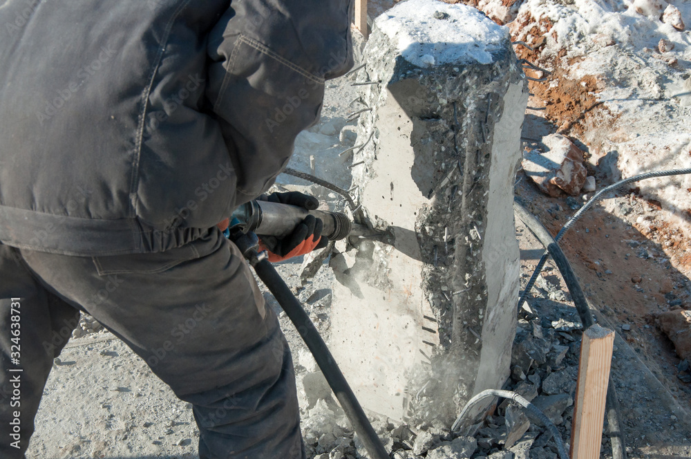 Demolition of concrete piles. Concrete base of the new building. Stock ...
