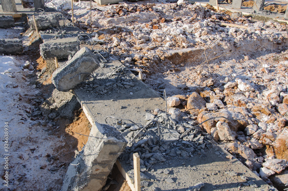 Demolition of concrete piles. Concrete base of the new building. Stock ...