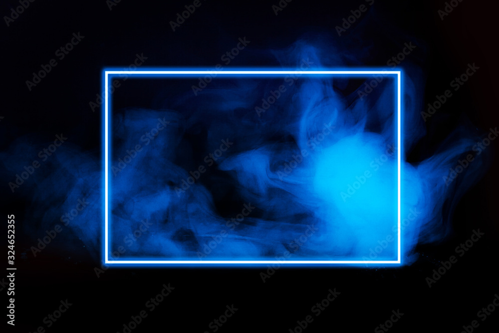 Abstract neon light smoke effect with neon frame on black background ...