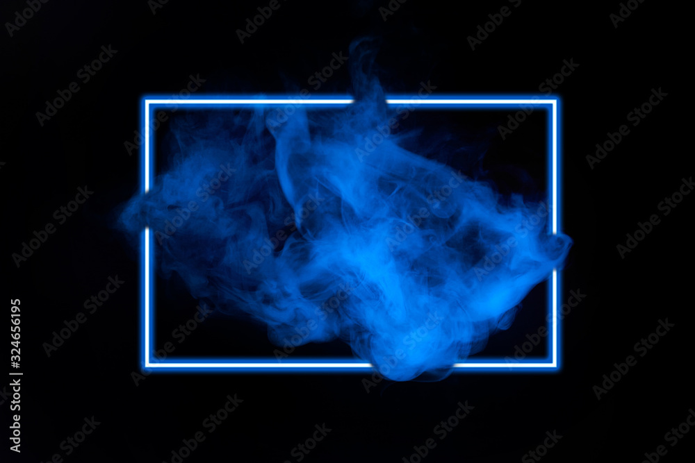 Abstract neon light smoke effect with neon frame on black background ...