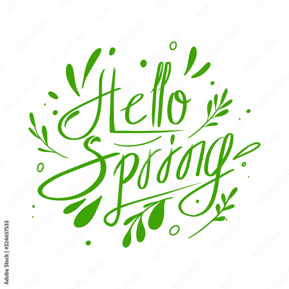 Hello Spring lettering in green color. Elegant hand drawn font ...