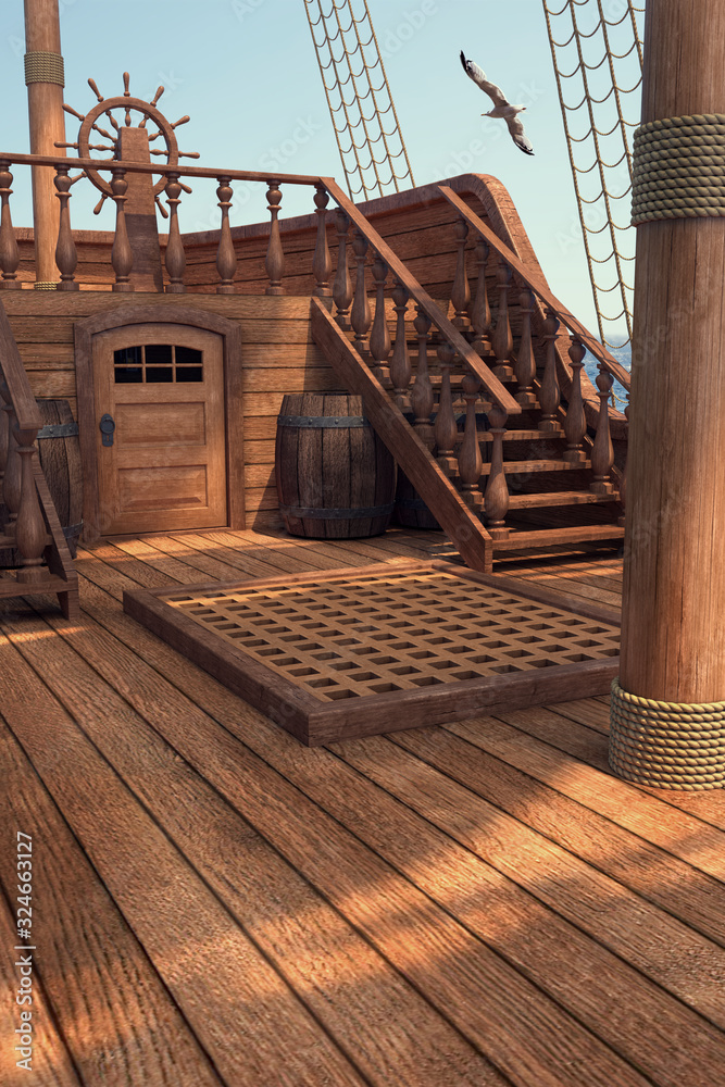 Outside of pirate old ship. Daylight view of ship background. 3d ...