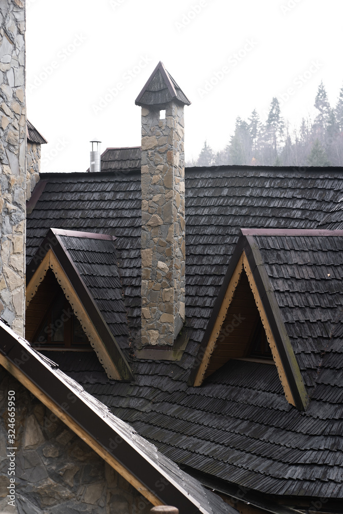 Standing stone Chimney with wooden Cap, Roof Windows, Snow Guard and ...