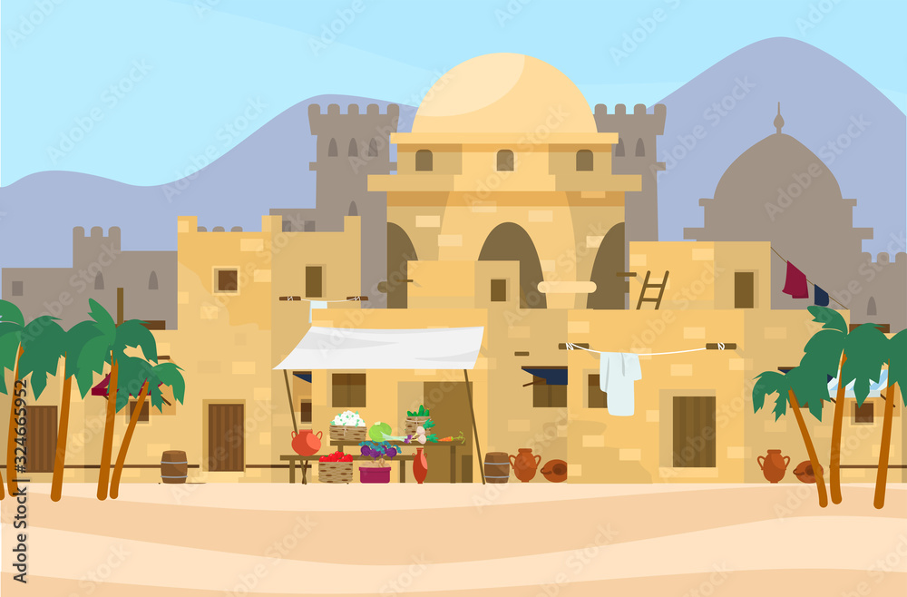 Vector illustration of Middle Eastern cityscape with traditional houses ...