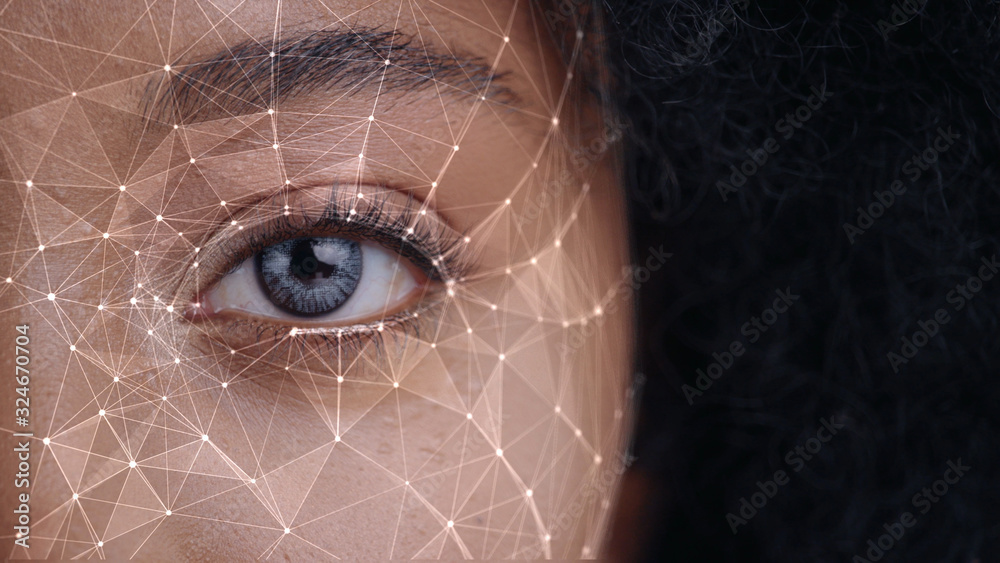 Human Eye Recognition Scanning Process. Close-up Half Face of Young ...