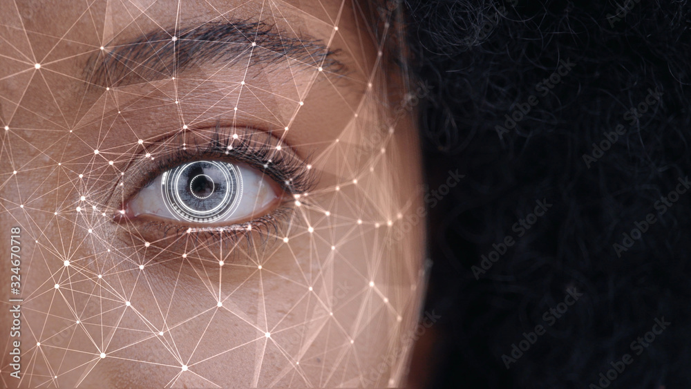 Human Eye Recognition Scanning Process. Close-up Half Face of Young ...