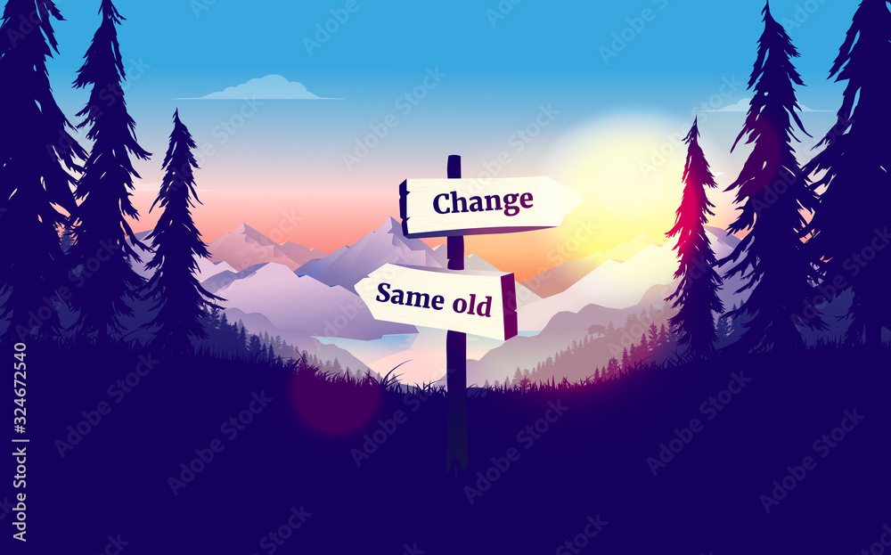 Time to make a change - crossroad signpost pointing in two directions ...