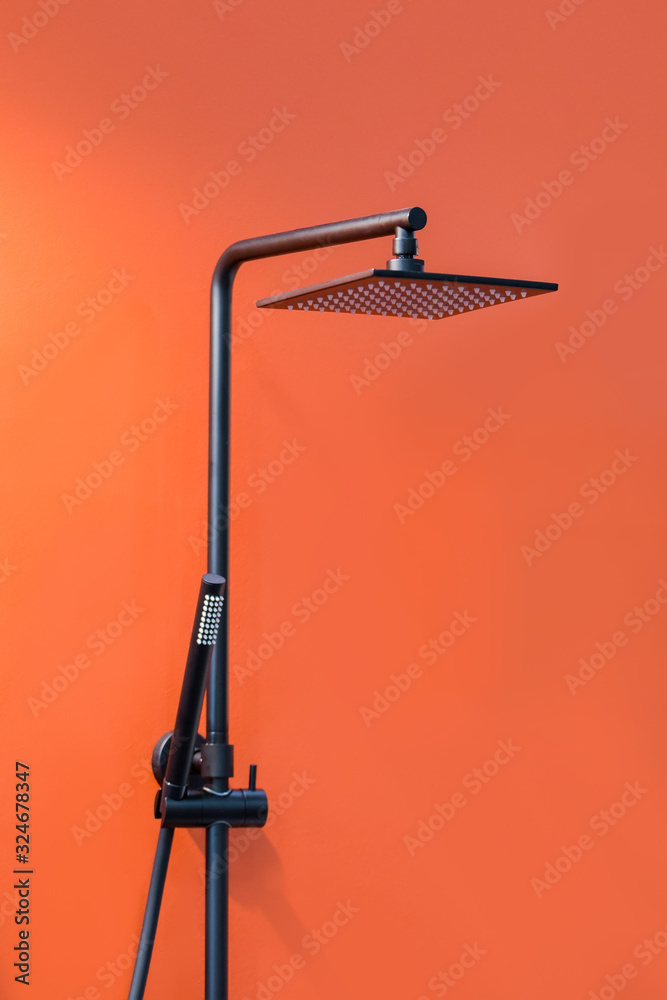 Black large square shower head, rain watering can in the bathroom ...