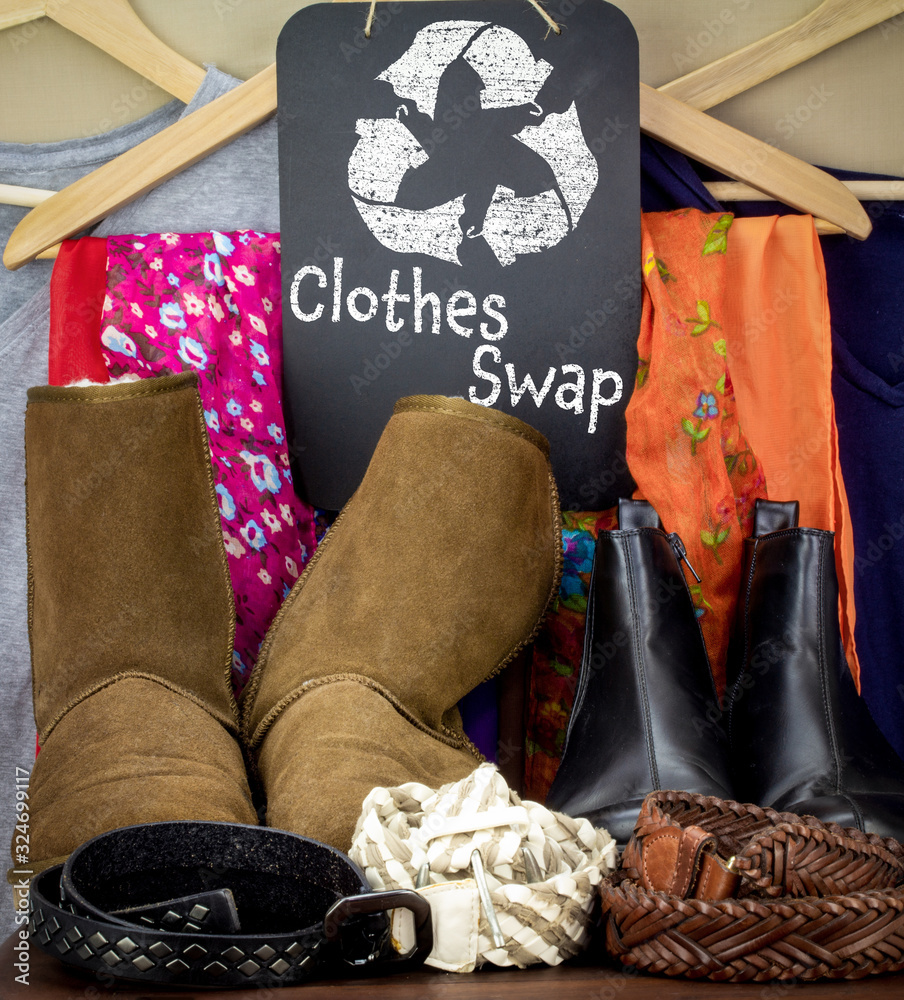 Clothes Swap and recycle clothes icon on chalk board with fashion items ...