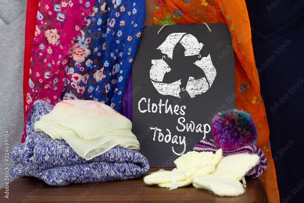 Clothes Swap and recycle clothes icon on chalk board with fashion items ...