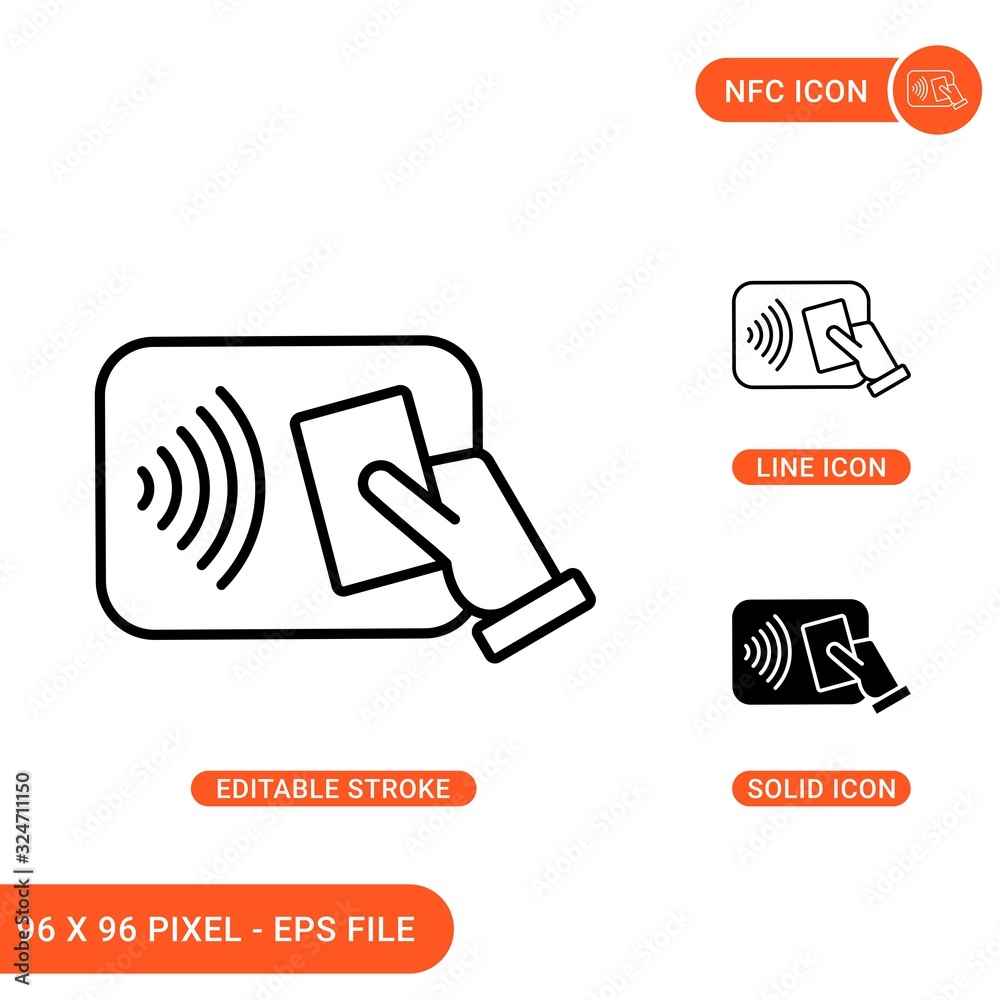 NFC icons set vector illustration with solid icon line style. Wireless ...