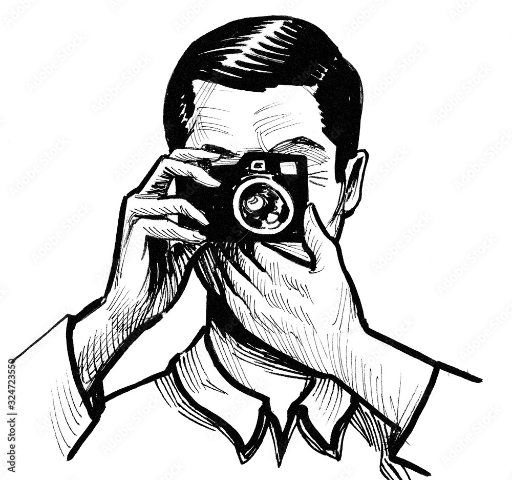 Ink black and white drawing of a man taking photo with retro analog ...