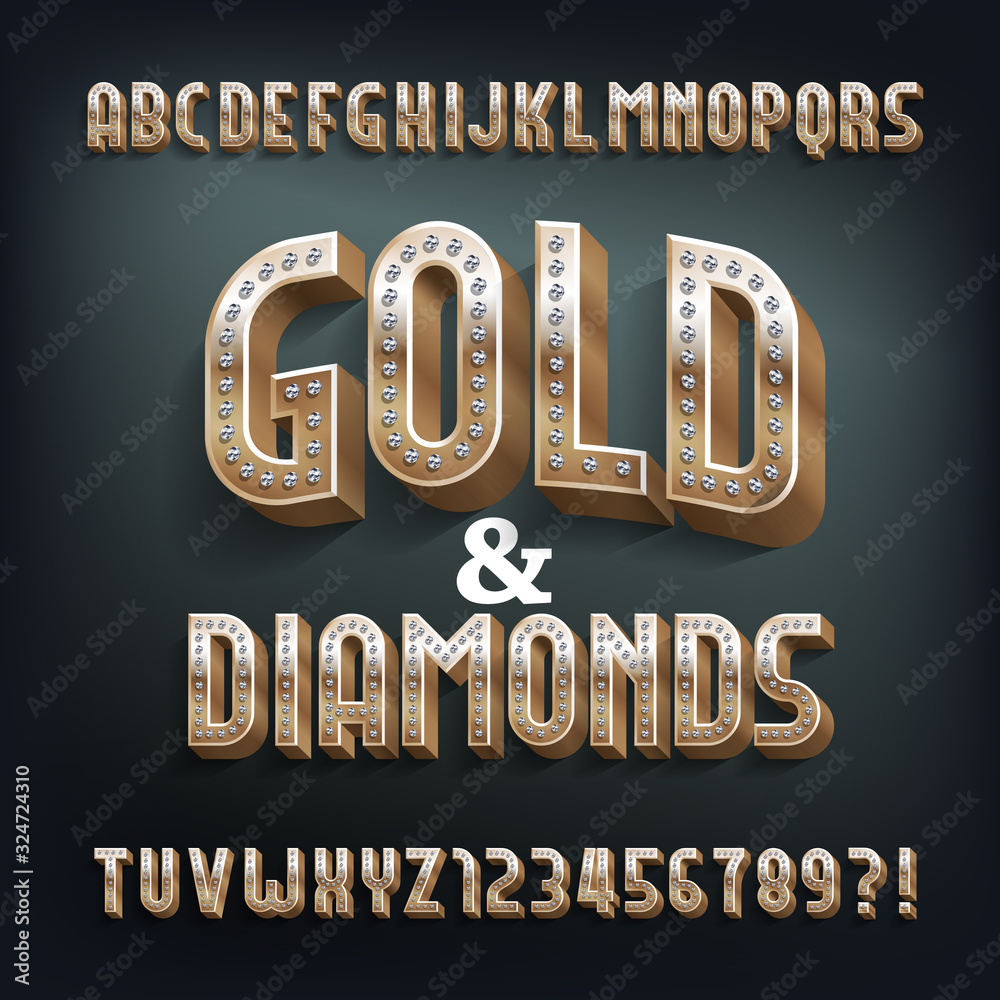 Gold and Diamonds alphabet font. 3d golden metal letters and numbers ...