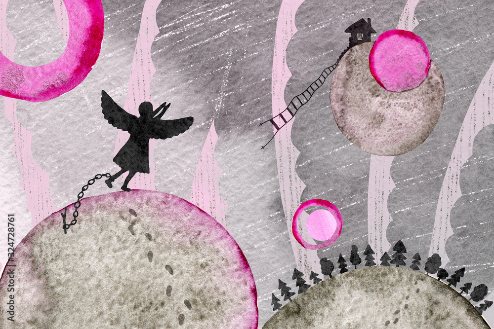 An angel breaks free and flies home to heaven. Hand drawn watercolor ...