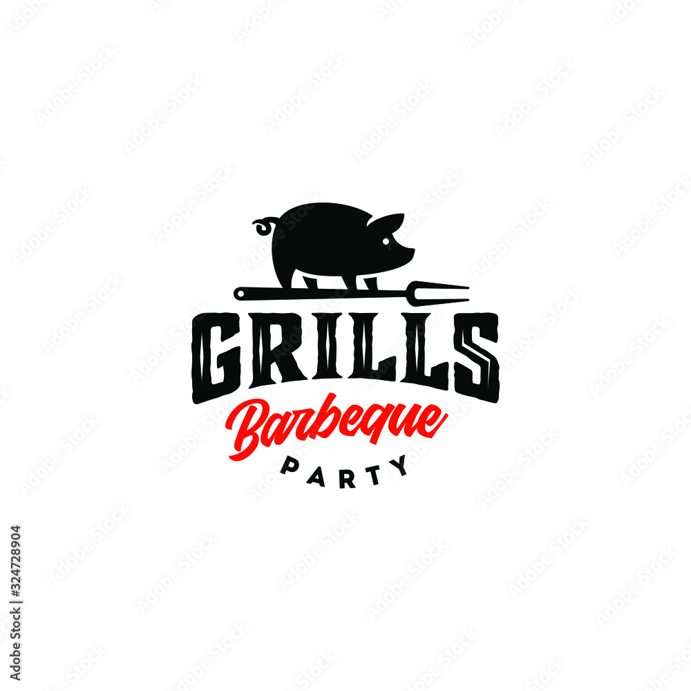 pig , pork on red fire flame mascot logo icon template suitable for bbq ...