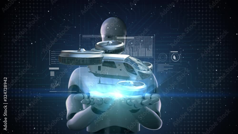 Robot, cyborg opens two palms, Autonomous drone taxi, Drone plane. 4k ...
