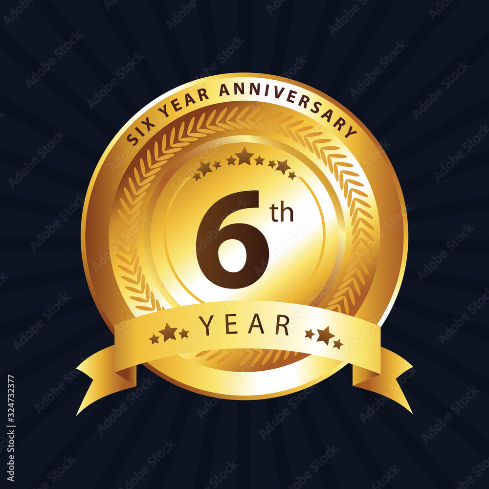 6th golden anniversary logo celebration with ring and ribbon. Stock ...