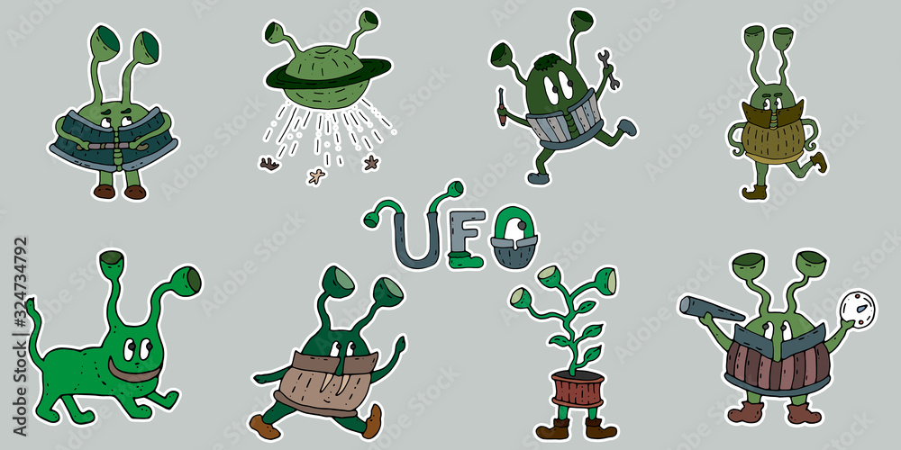 Set space stickers hand drawn. Vector UFO and aliens, abduction. Clip ...