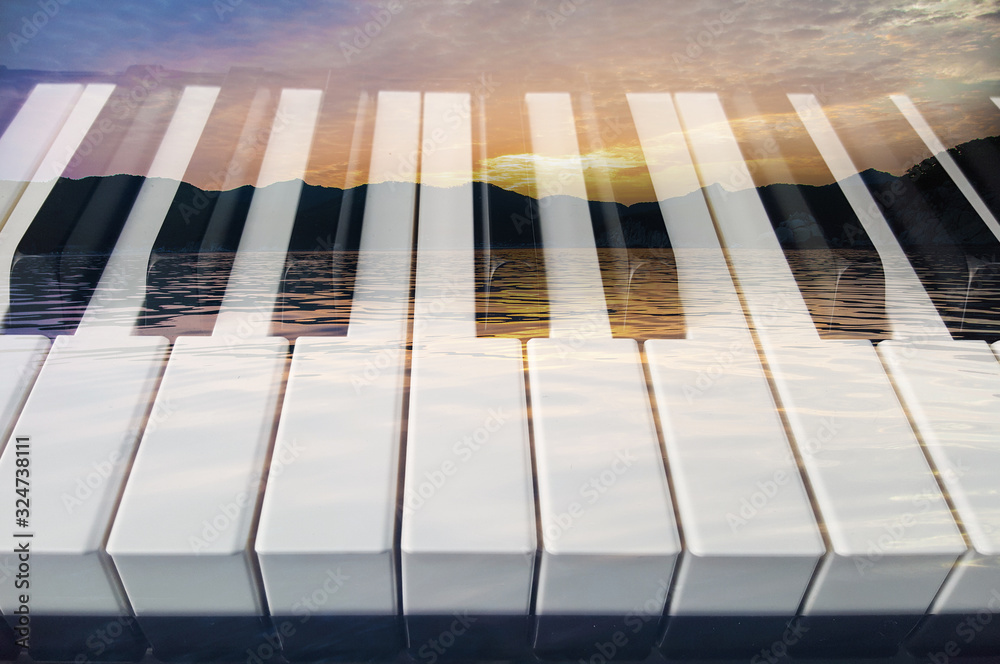 art photo for classical music background double exposure of piano keys ...