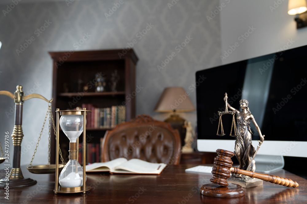 Lawyers office concept. Law symbols composition: gavel, scale and ...
