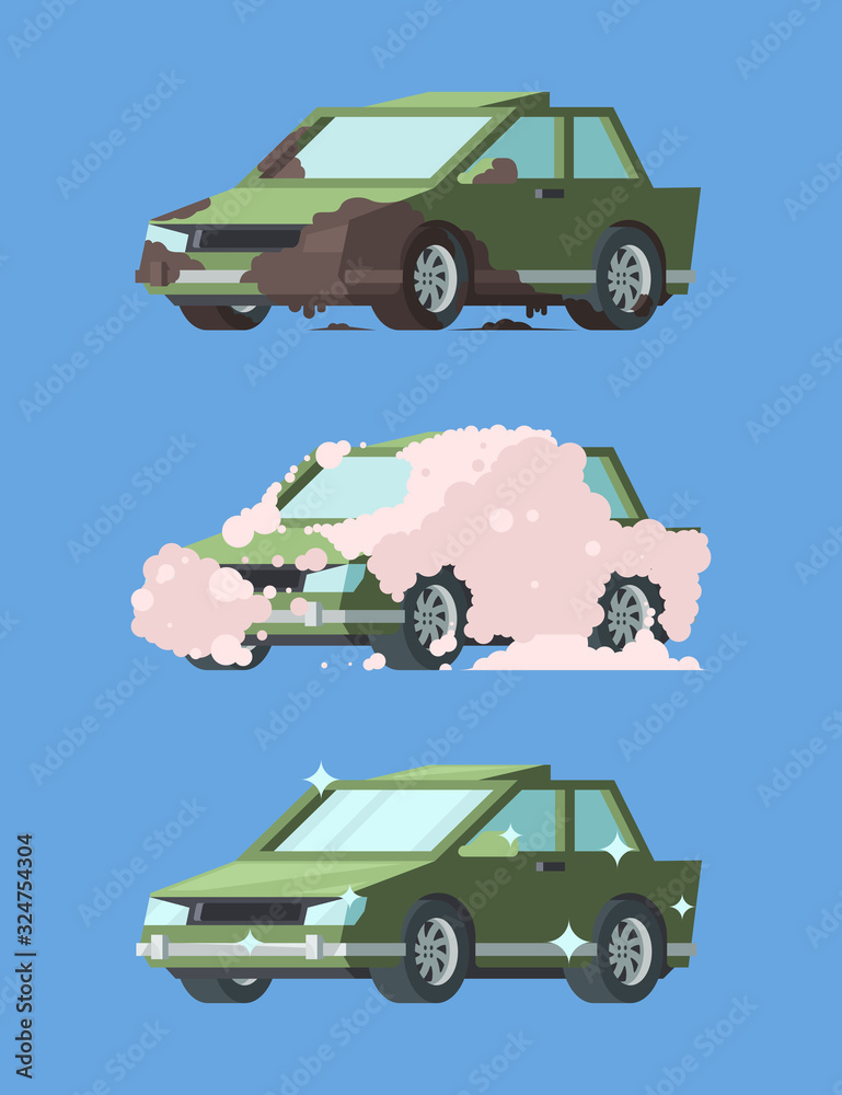 dirty and clean car. automatic washing steps messy car water and foam ...