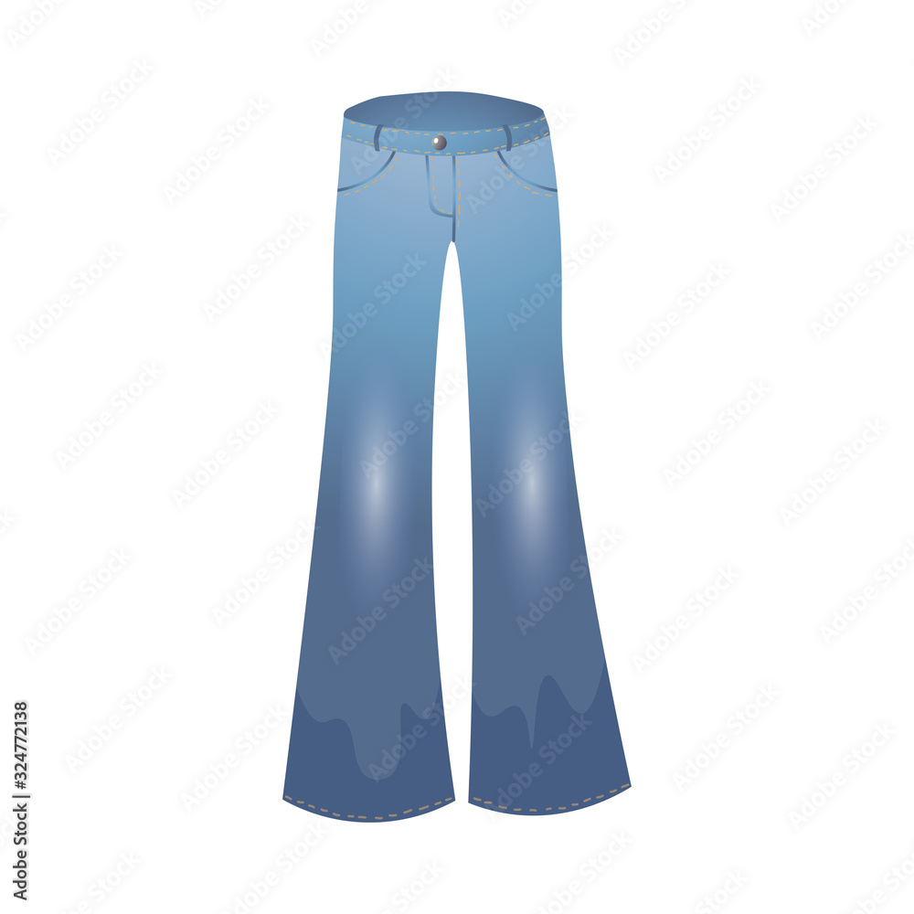 Trendy blue flared denim pants front view. Vector illustration in flat ...
