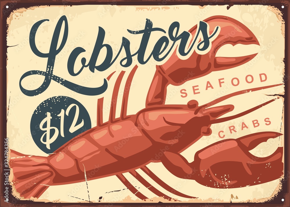 Lobsters and crabs vintage seafood restaurant sign. Fish market retro ...