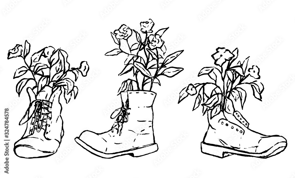 Detailed vector hand drawn illustrations set. Beautiful flowers in old ...