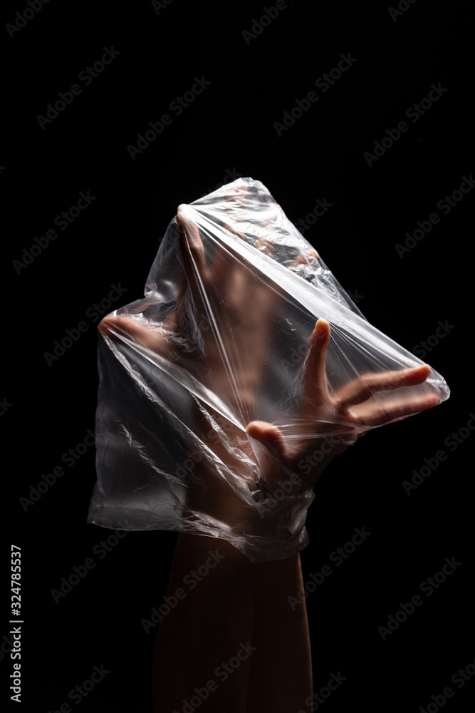 Ecological concept in Earth protection. Plastic bag refusal. Hands in ...
