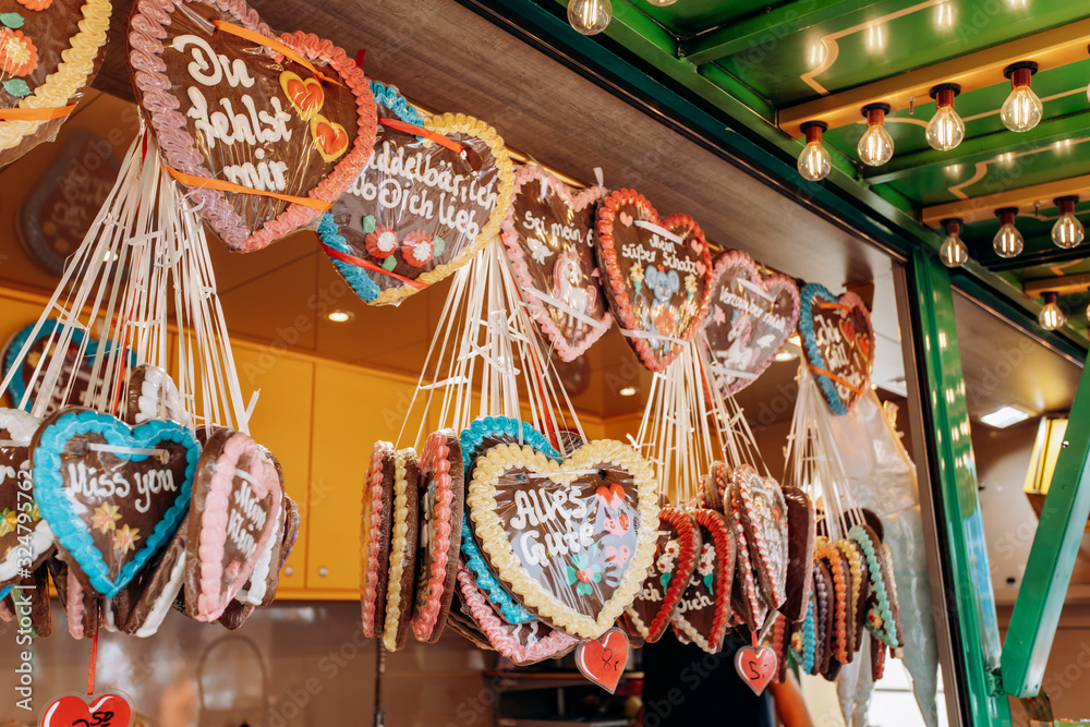 Gingerbread Hearts at the German Christmas Market. Traditional ...