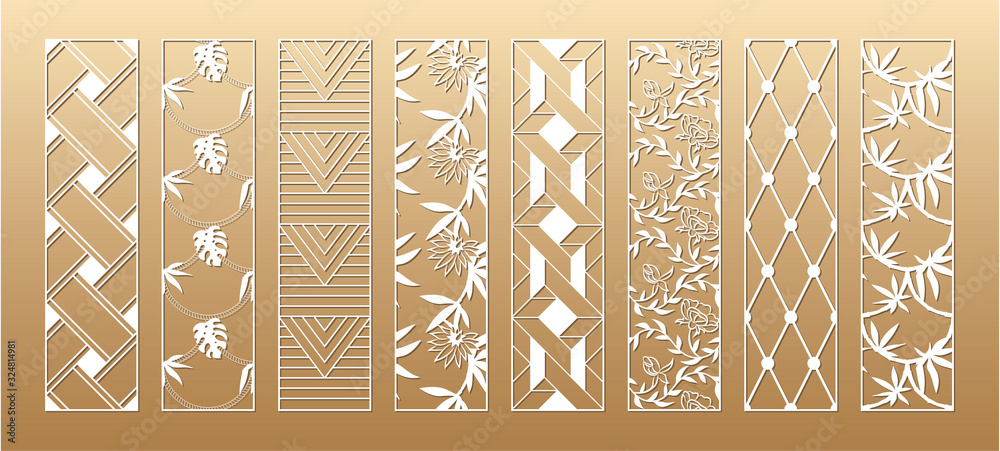 8 Laser cut vector panels (ratio 1:4). Cutout silhouette with flowers ...