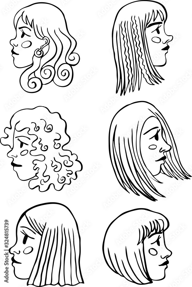 Female head vector illustration contour cartoon profile hand drawing ...