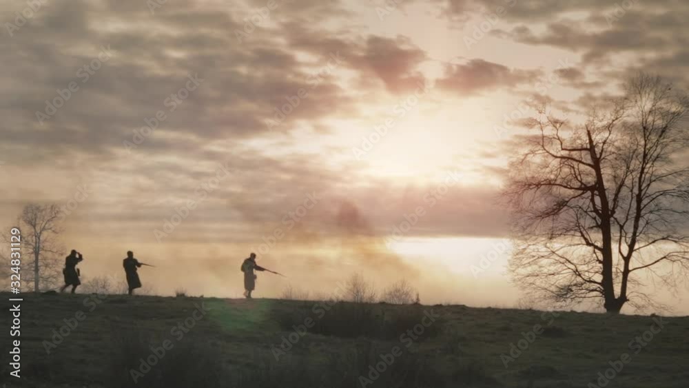 Battlefield scene. Silhouettes of soldiers fighting on East Front ...