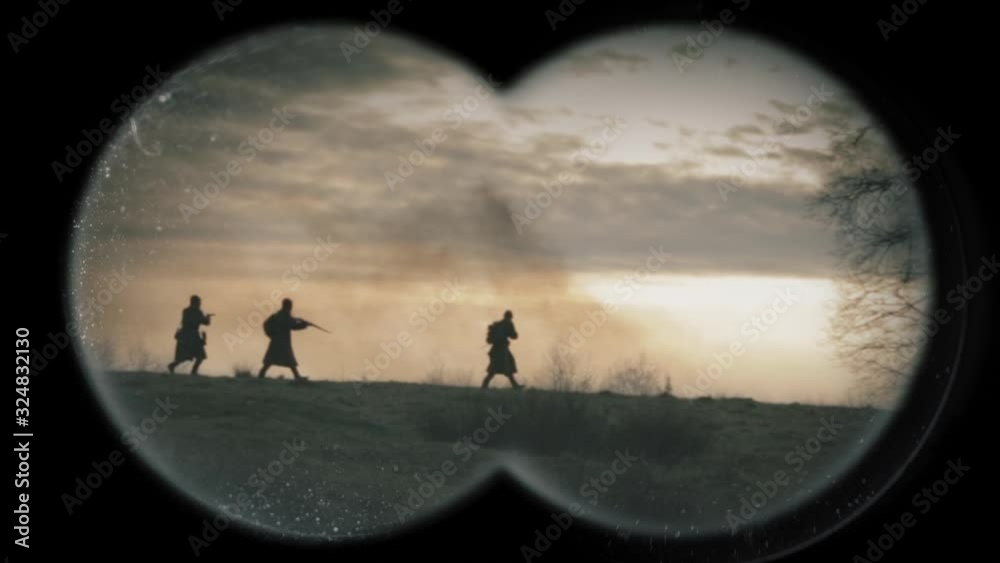 Battlefield scene. Silhouettes of soldiers fighting on East Front ...