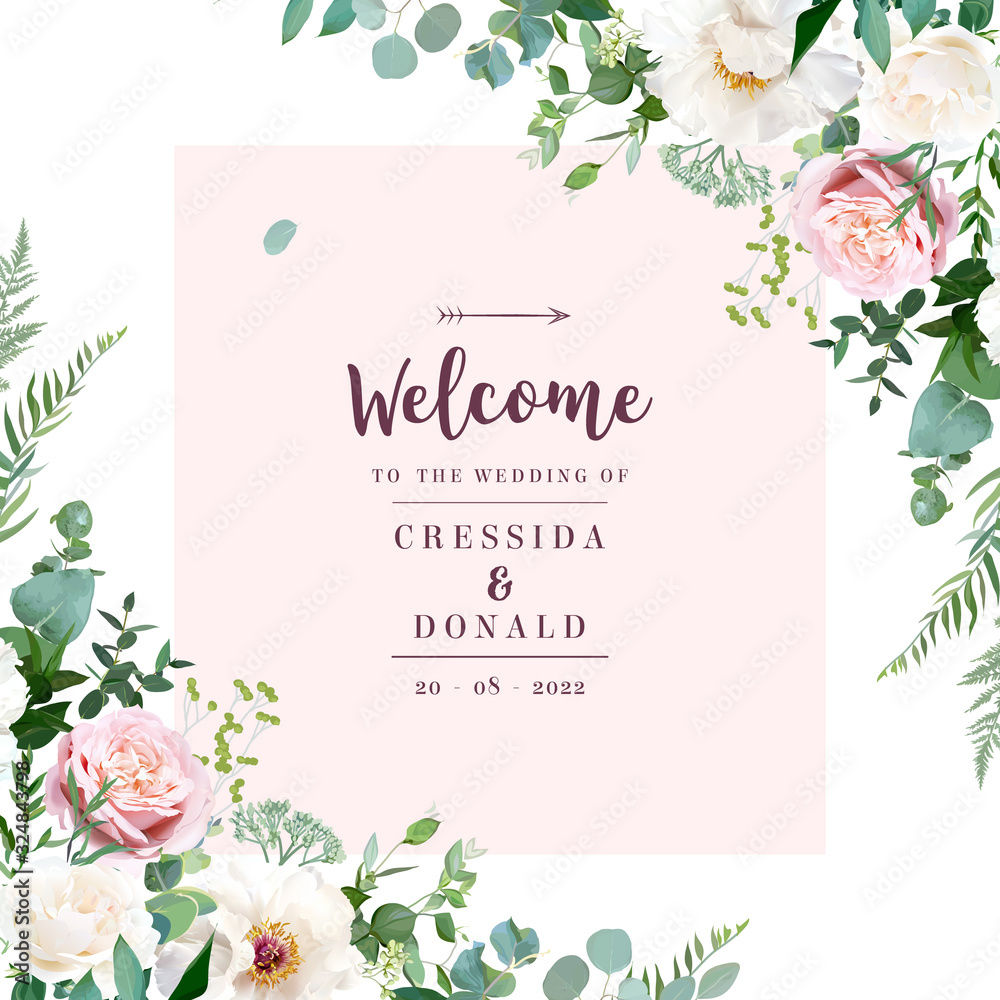 Silver sage green and blush pink flowers vector design frame Stock ...