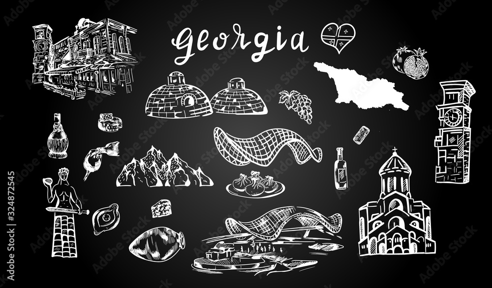 Georgia , architecture, food , travel big set . Vector isolated design ...