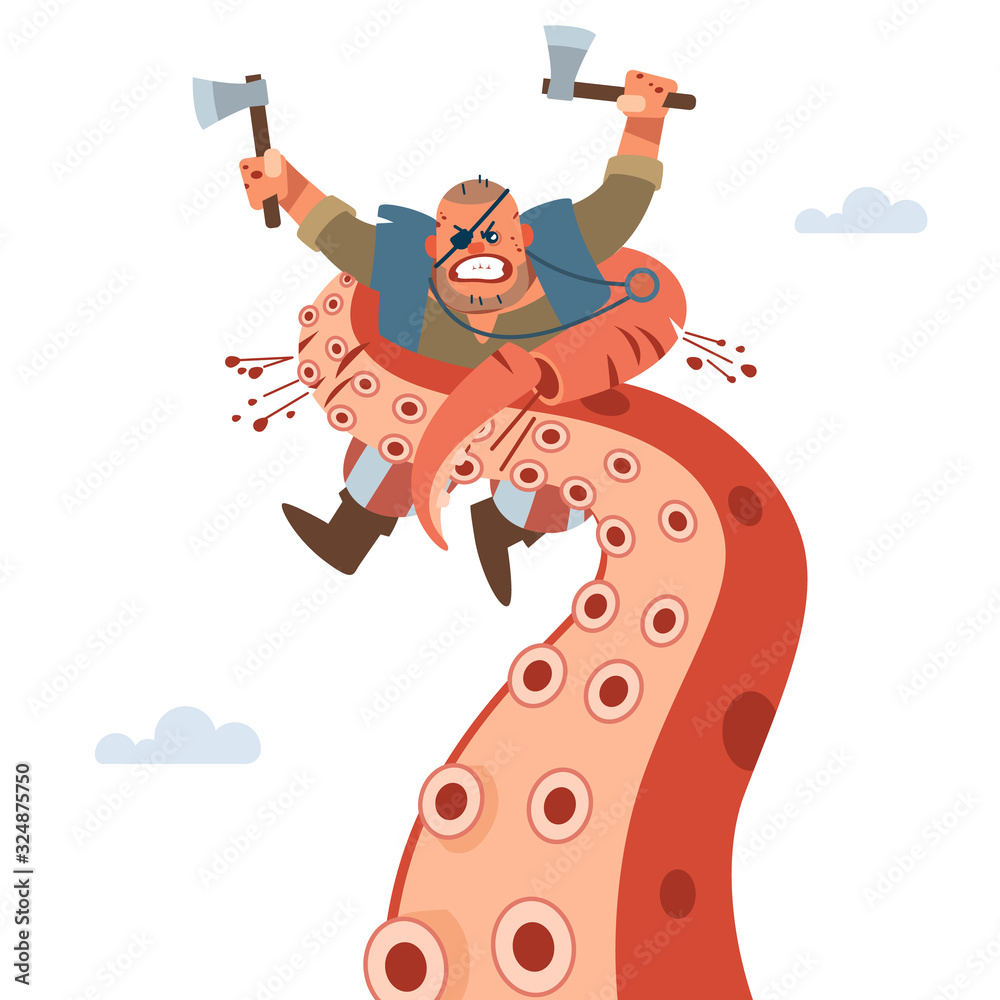 Pirate sailor bravely fights with a giant sea monster octopus. Angry ...