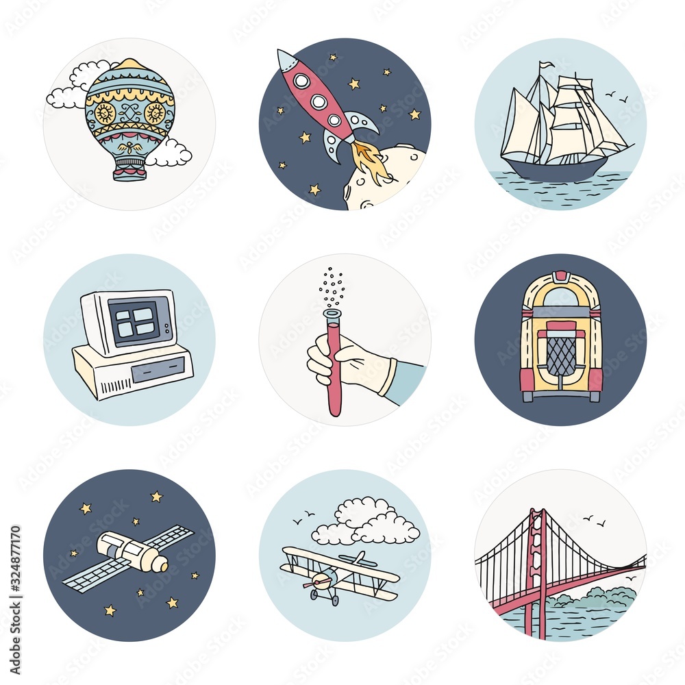 Hand drawn icons representing different human inventions - different ...