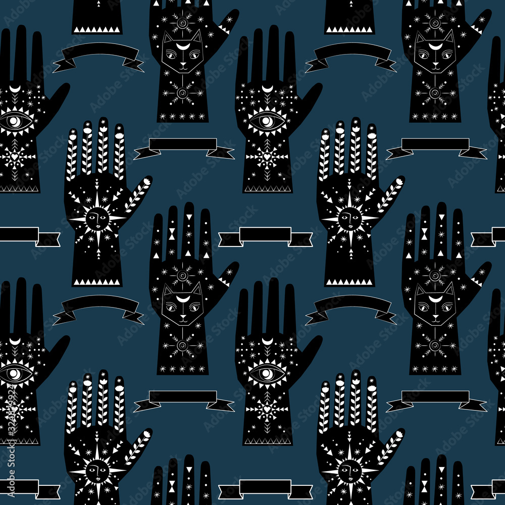 Vector black and navy blue occult witch and magic repeat seamless ...