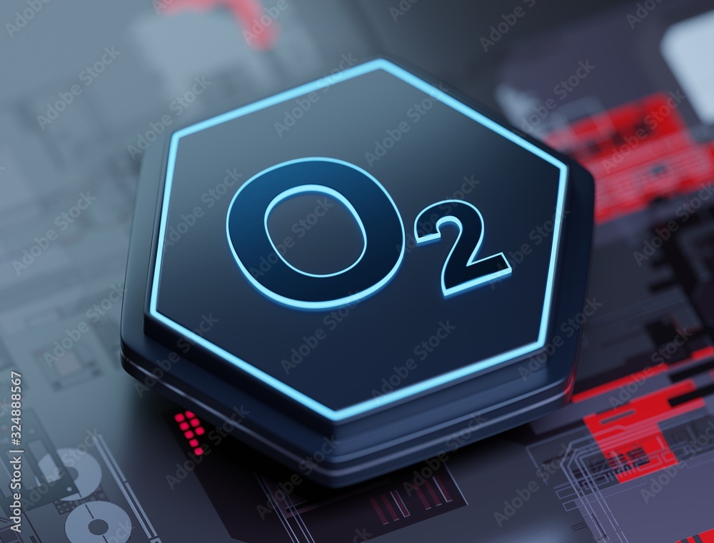 O2 - Oxygen molecule symbol on futuristic button 3D rendered with focus ...