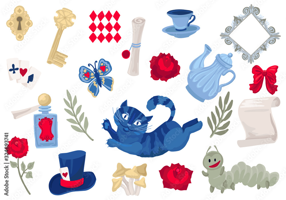 Alice in Wonderland collection. Set of isolated objects. Vector ...
