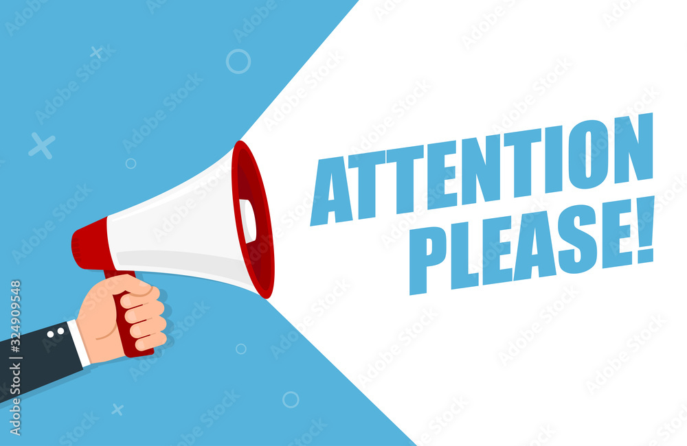 Hand holding megaphone and text attention please Stock Vector | Adobe Stock