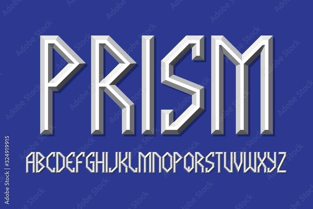 Volumetric prismatic alphabet of metallic letters. 3d display font ...